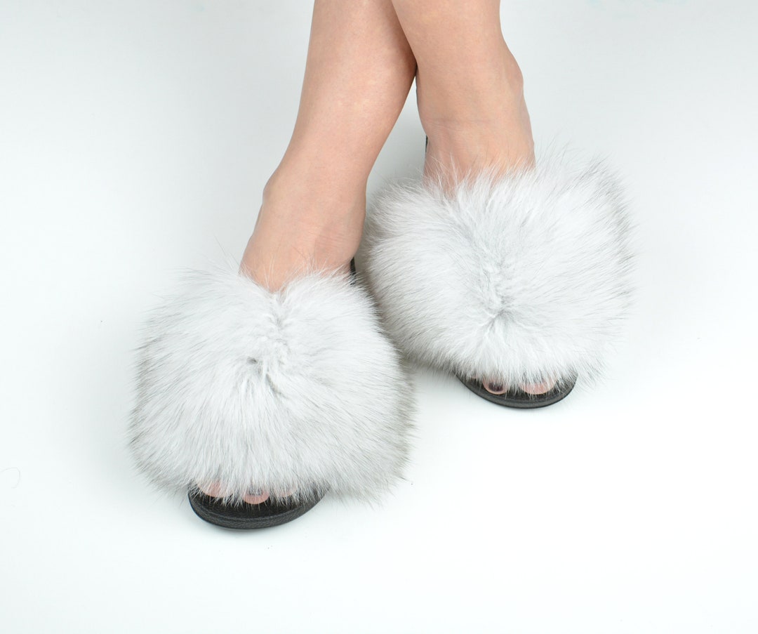 White Fur Slides for Women Made With Genuine Fox Fur and Rubber Sole ...