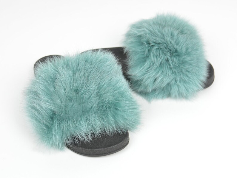 Women Slides Made With Genuine Green Fox Fur and Rubber Sole. - Etsy