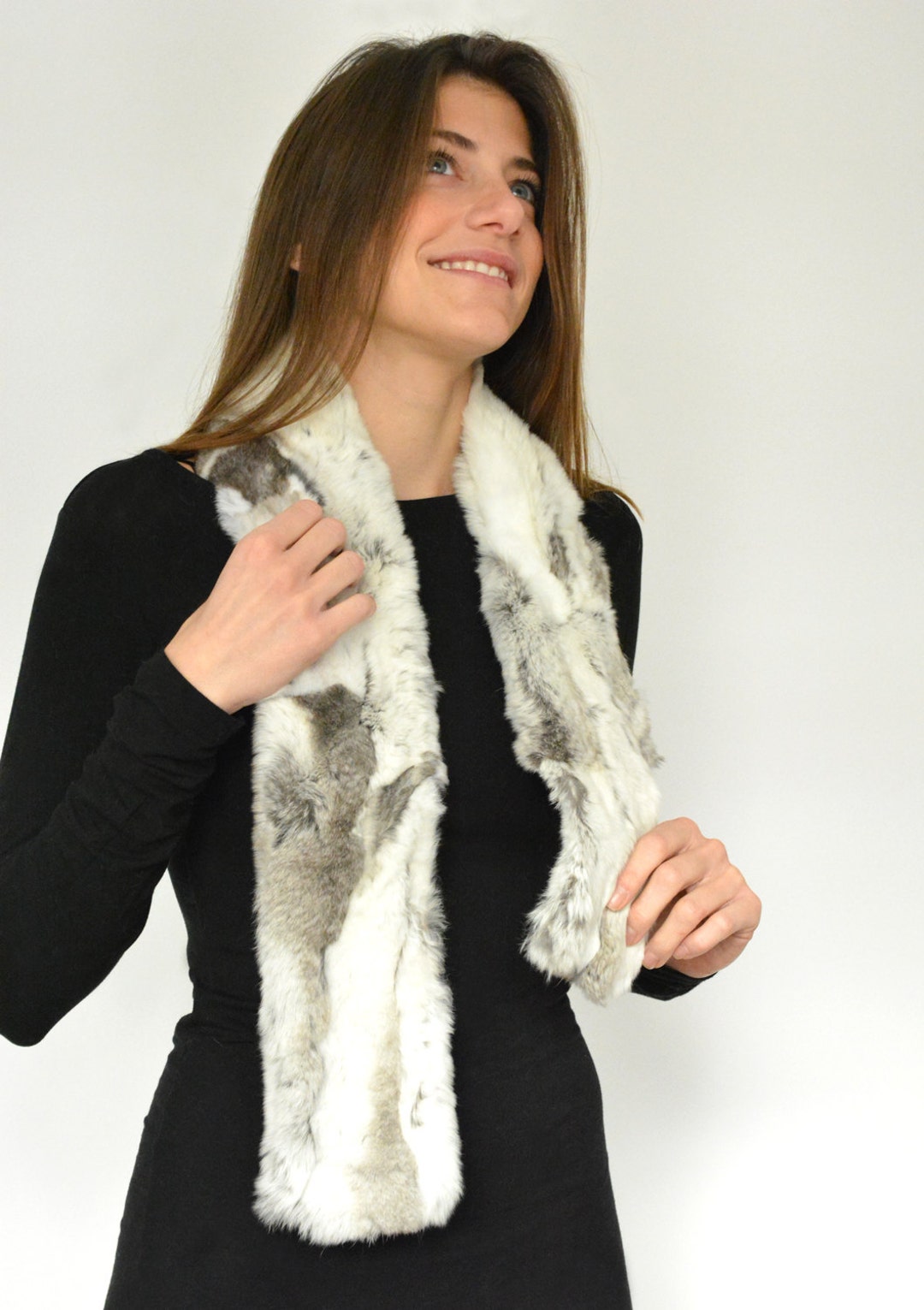 White Gray Fur Scarf for Women Made With Real Rex Rabbit Fur. Totally ...