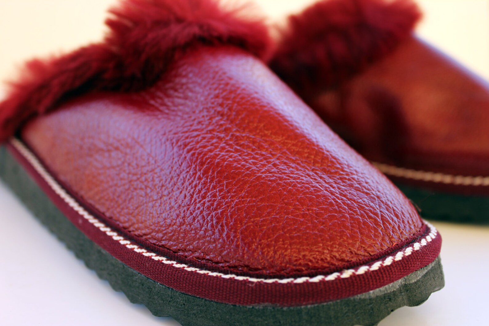 Women Slippers Made of Red Leather on Top and White Fur on - Etsy