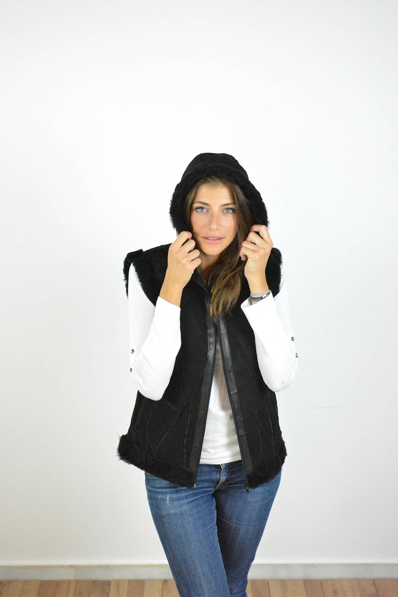 Black Sleeveless Jacket for Women With Hoodie Made of Genuine - Etsy