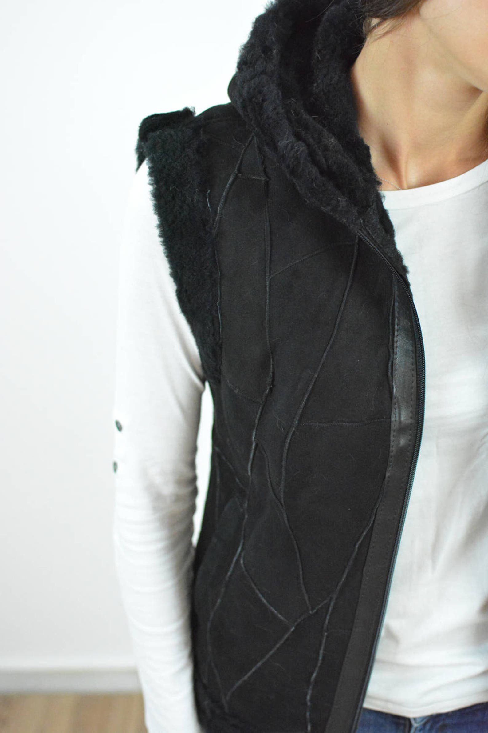 Black Sleeveless Jacket for Women With Hoodie Made of Genuine - Etsy