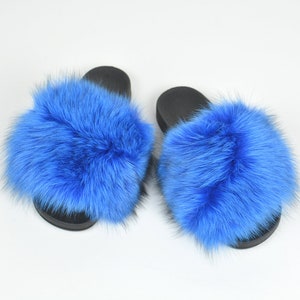 Women Fur Slides Made With Genuine Blue Fox Fur and Rubber Sole ...