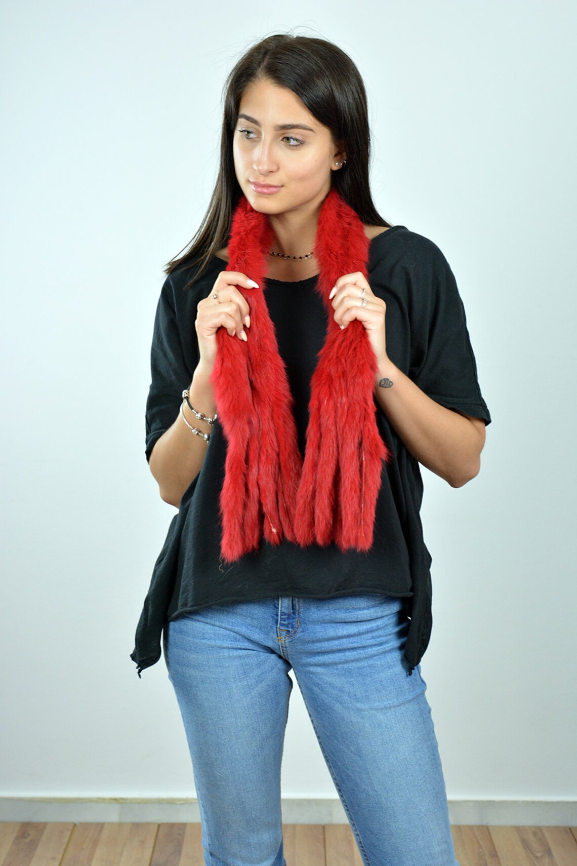 Red Fur Scarf for women made with real rabbit fur. Totally | Etsy