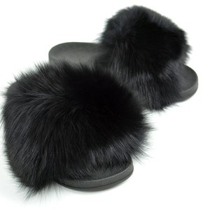 Black Fur Slides for Women Made With Genuine Fox Fur and Rubber Sole ...