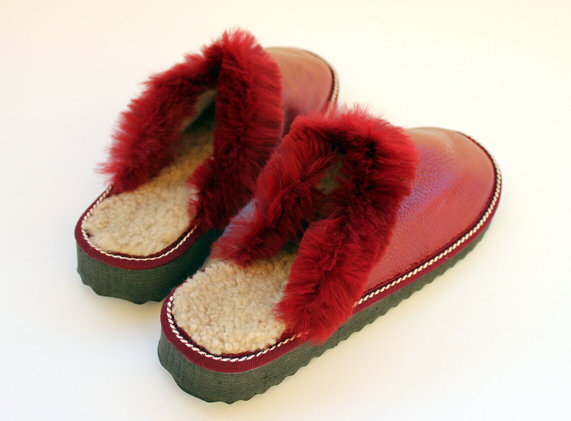 Women Slippers Made of Red Leather on Top and White Fur on - Etsy