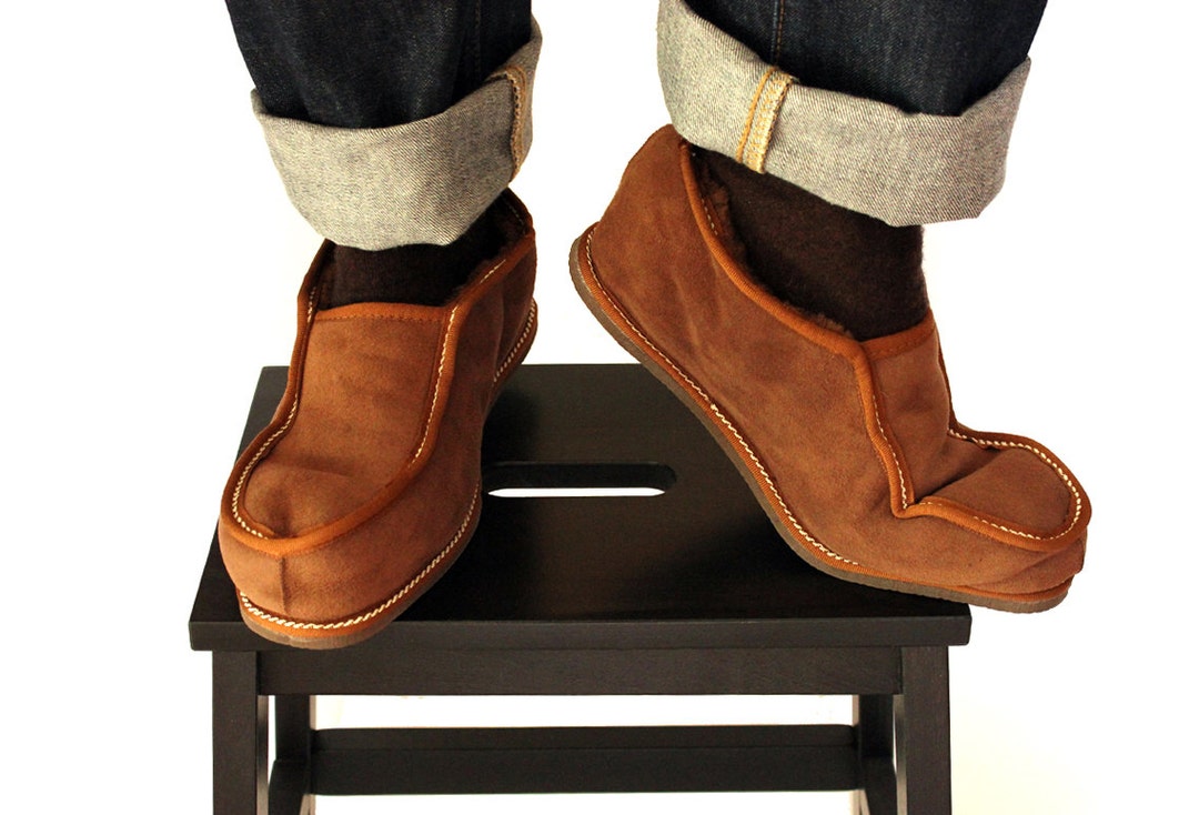 Μens House Slippers Made With Brown Mouton Leather and Soft Fur Inside ...