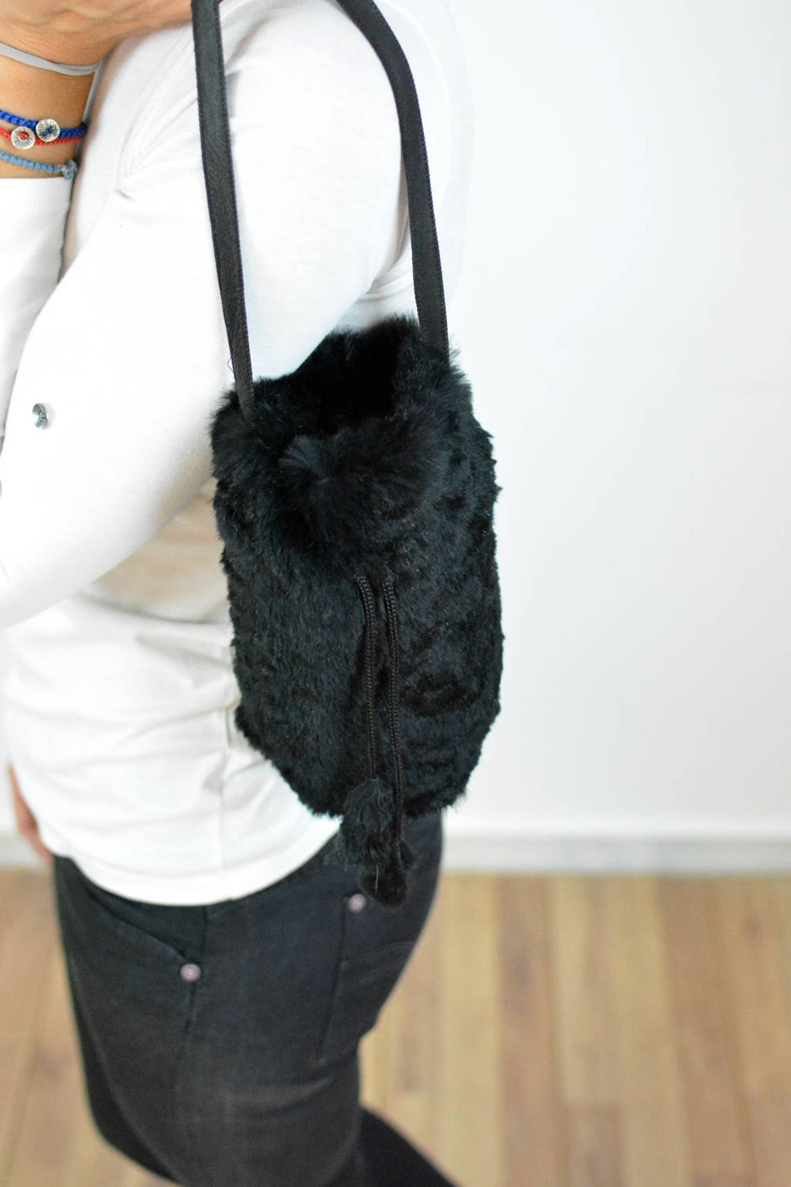 Pouch Bag for Women Made With Real Black Rabbit Fur and | Etsy