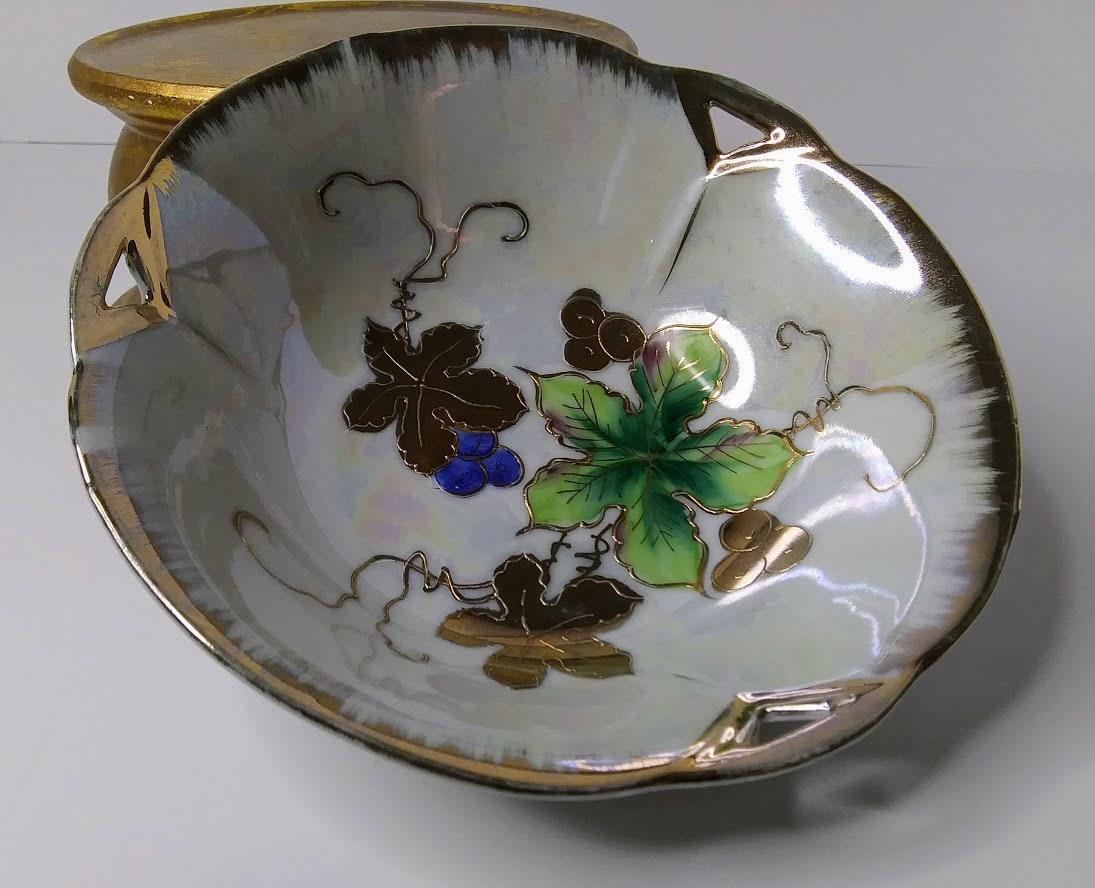 Lusterware Bowl Hand Painted Leaves Gold Trim Mid-century - Etsy