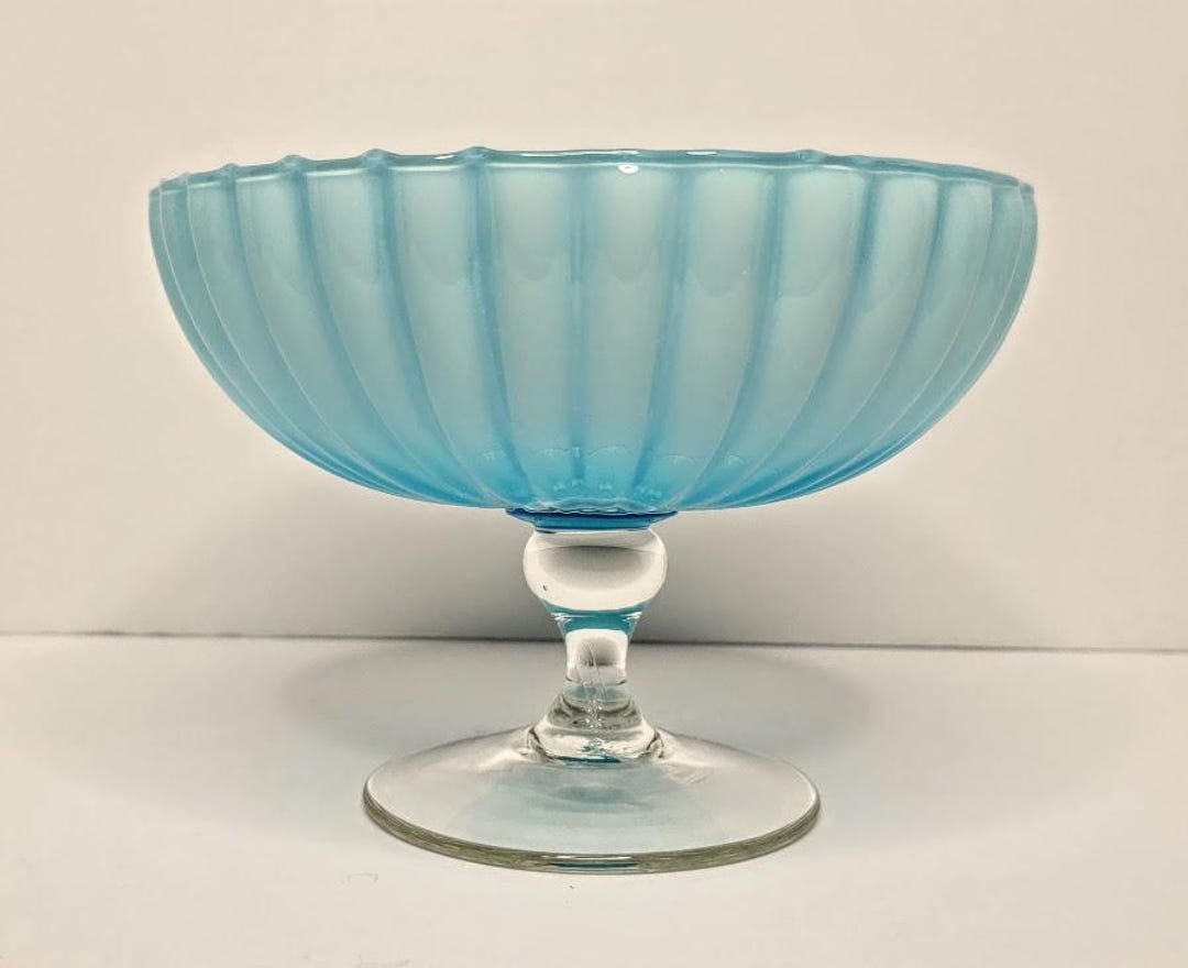 Fluted Compote, Blue Cased Art Glass Ribbed Dish on Clear Pedestal Base ...