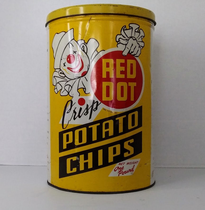 1950's Red Dot Potato Chip Tin Canister With Original Lid, Good Vintage ...