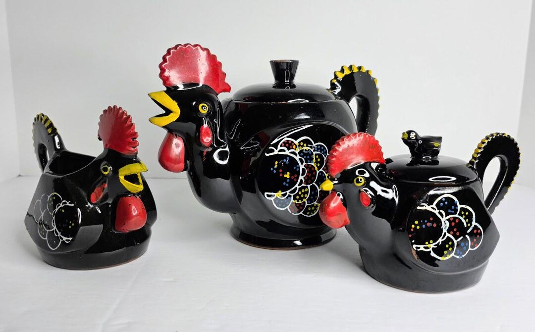 Black Rooster Tea Set, MCM Redware From Japan - Etsy