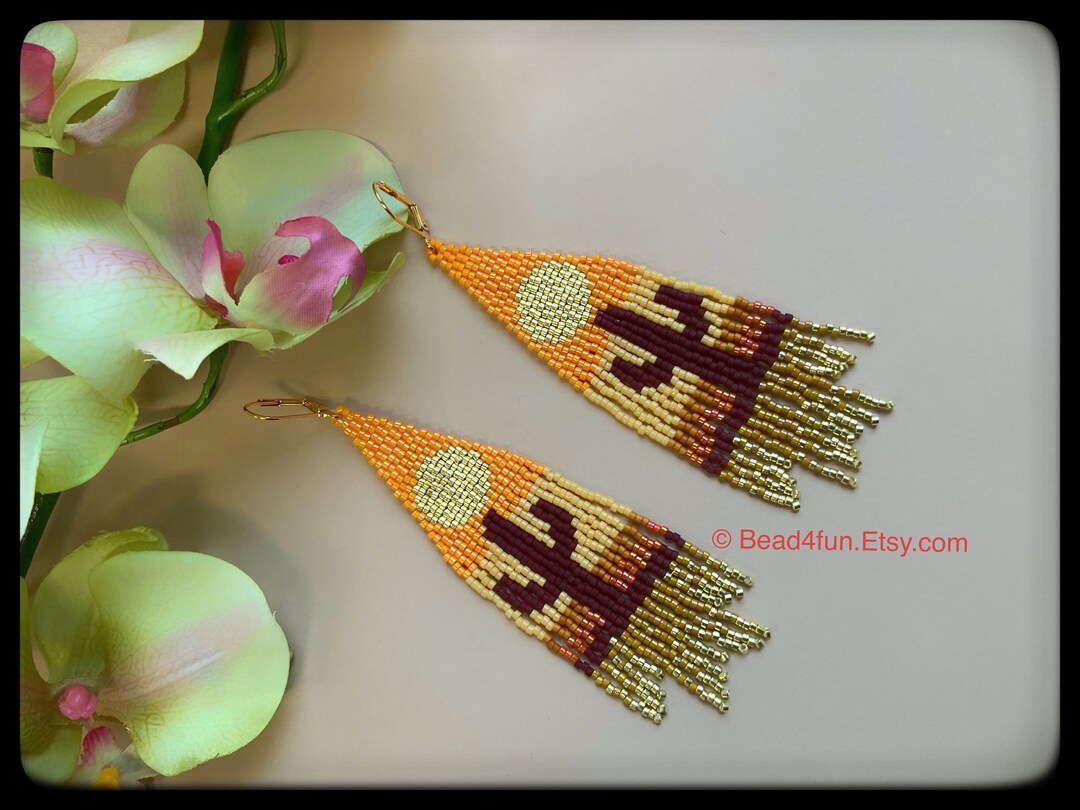 Western Cactus Seed Bead Fringe Earrings - Brick Stitch Beadwork ...