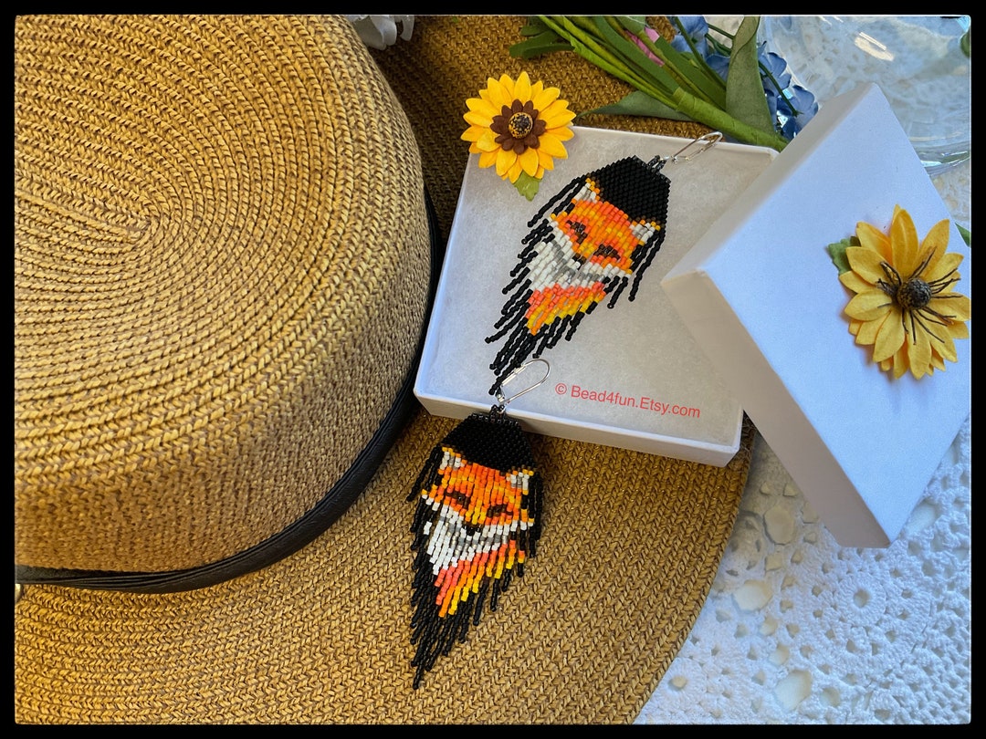 Red Fox Fringe Beaded Earrings, Animal Jewelry, Fox Earrings, Seed ...
