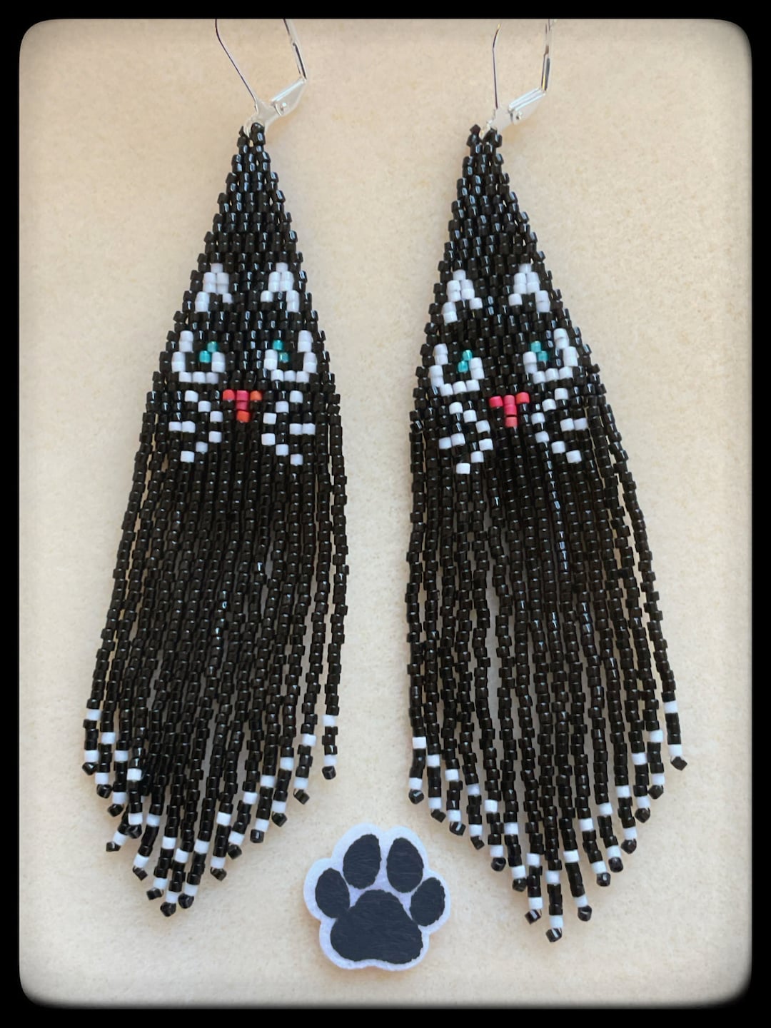 Black Cat Face Seed Bead Fringe Earrings - Brick Stitch Beadwork ...