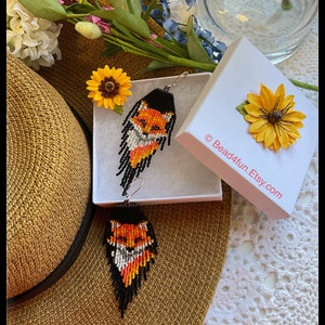 Red Fox Fringe Beaded Earrings, Animal Jewelry, Fox Earrings, Seed ...