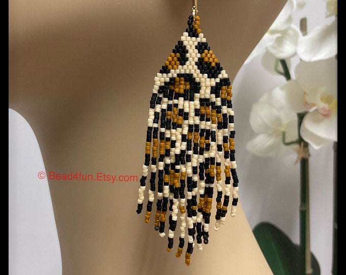 Leopard Print Seed Beaded Fringe Earrings, Statement Jewelry, Brick ...