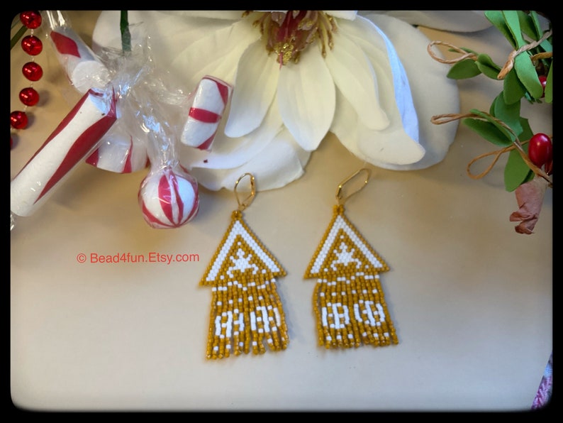 Gingerbread House Seed Bead Fringe Earrings - Brick Stitch Beadwork ...