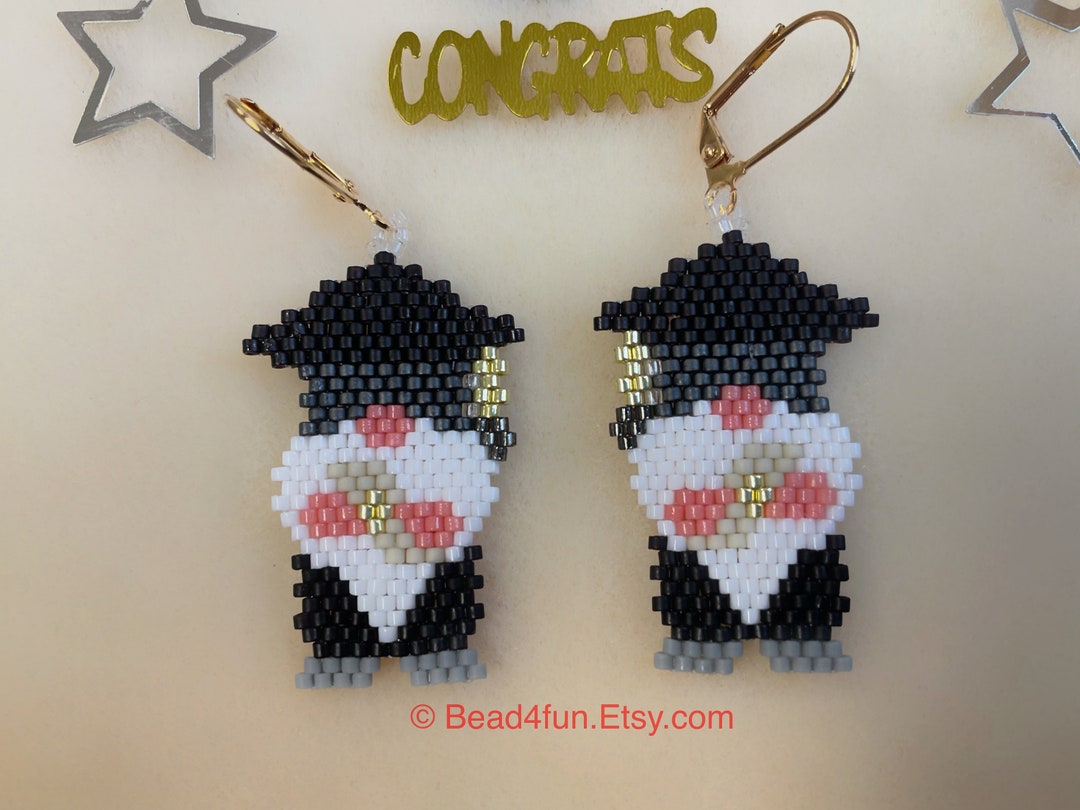 Graduation Gnome Seed Bead Brick Stitch Earrings, Artisan Handcrafted ...