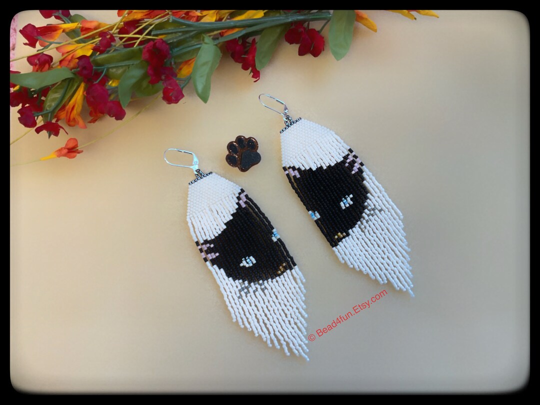 Seed Beaded Black Cat Fringe Earrings Name: peekaboo Black - Etsy