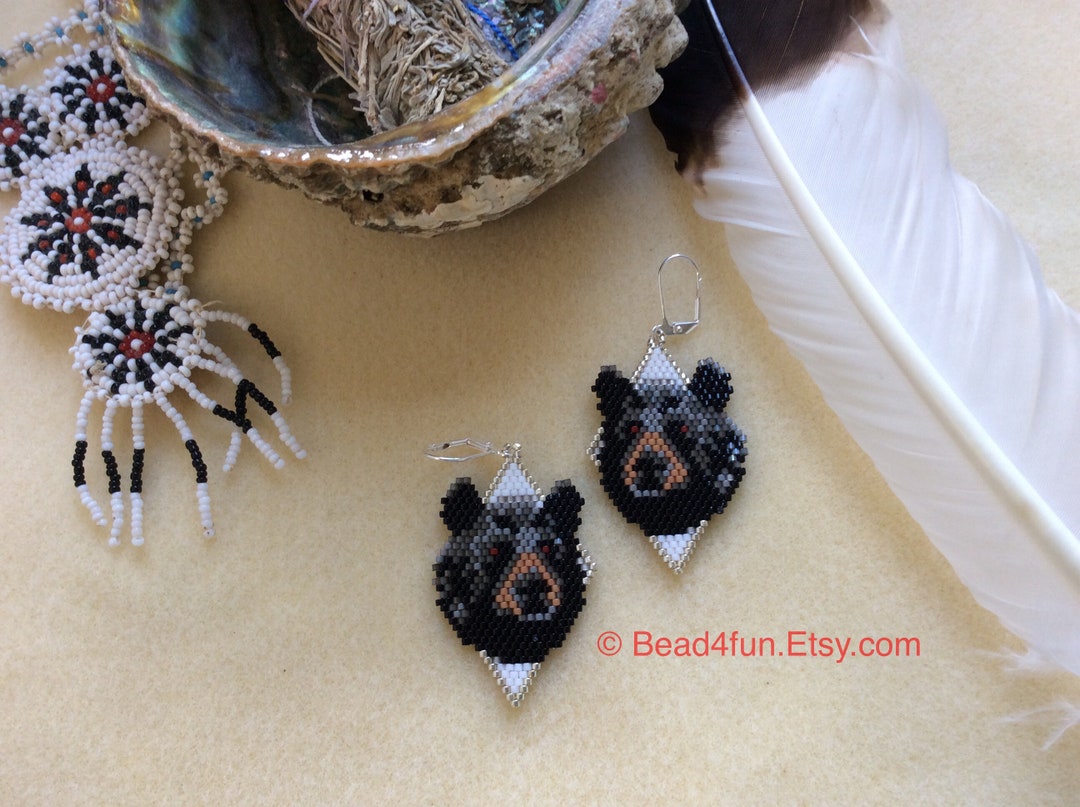 Black Bear Seed Bead Earrings - Brick Stitch Beadwork - Dangle Jewelry ...