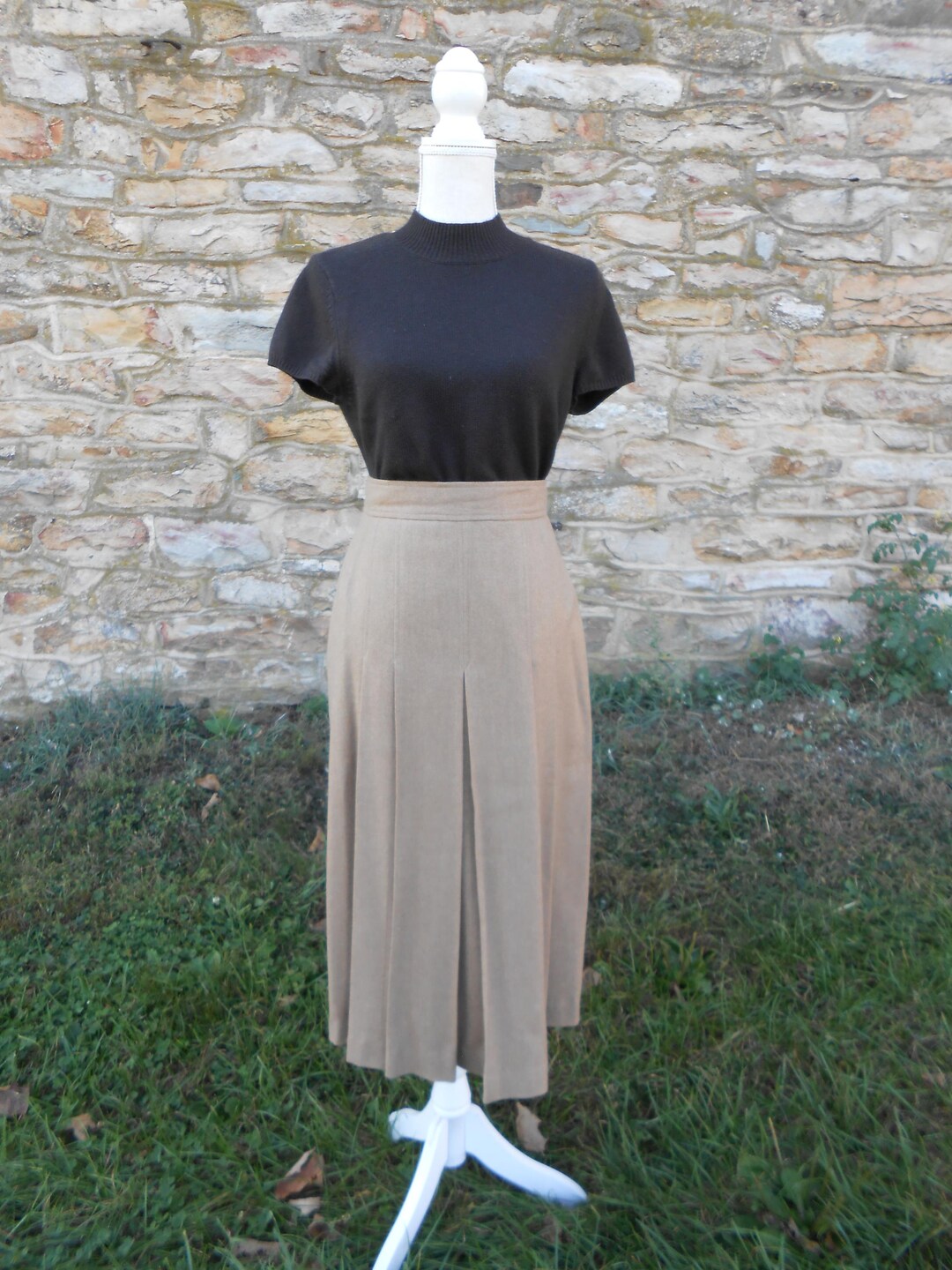 Vintage Wool Library Skirt/pleated Tan Brown Skirt/high Waisted Midi ...