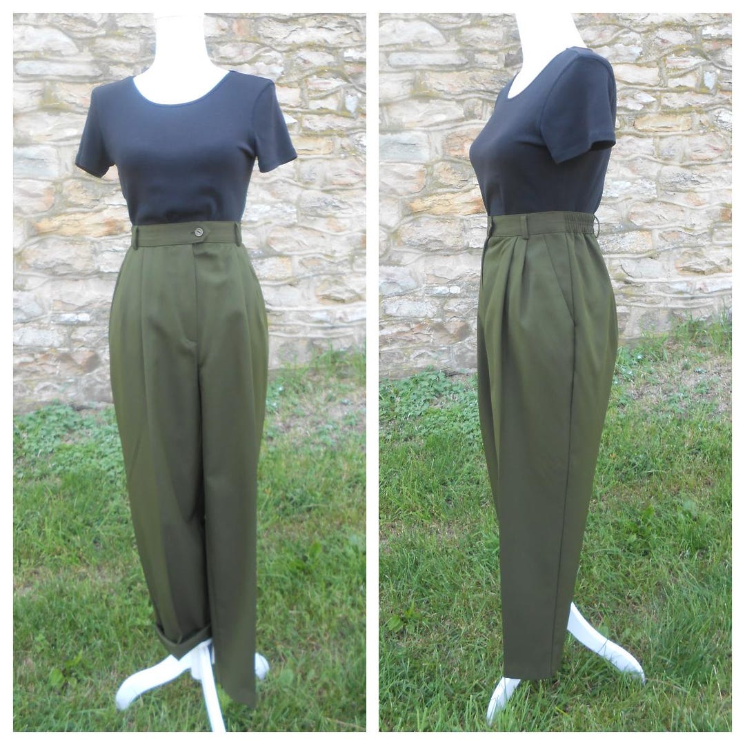 80s 90s Green Polyester Trousers/high Waisted Pants//28-30 Waist/size ...