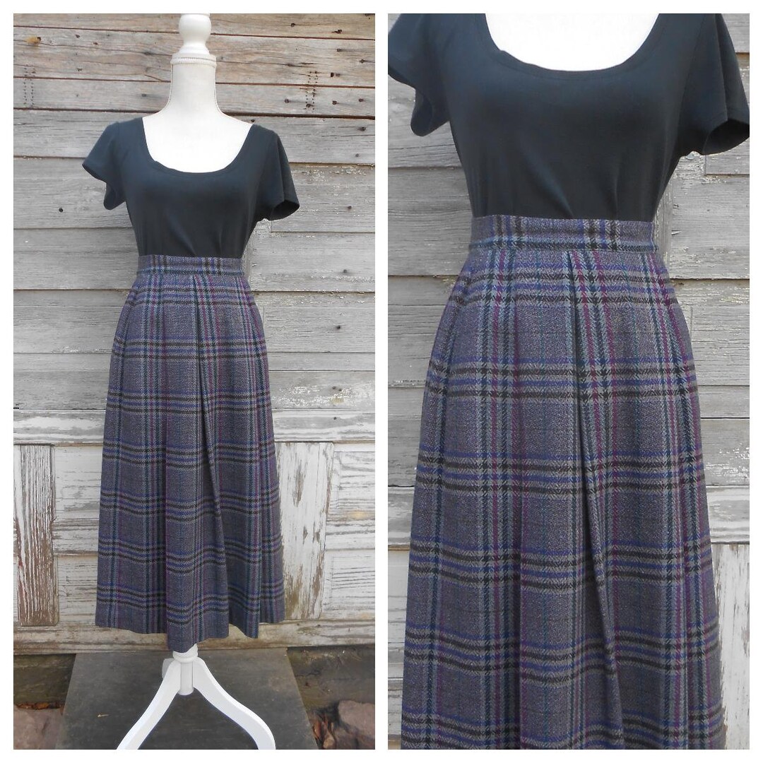 Vintage Wool Library Skirt/pleated Plaid Skirt/high Waisted Midi Skirt ...