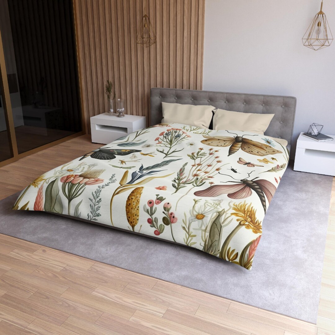 Nature-inspired Wildflower & Moth Microfiber Duvet Cover Custom Bedding ...