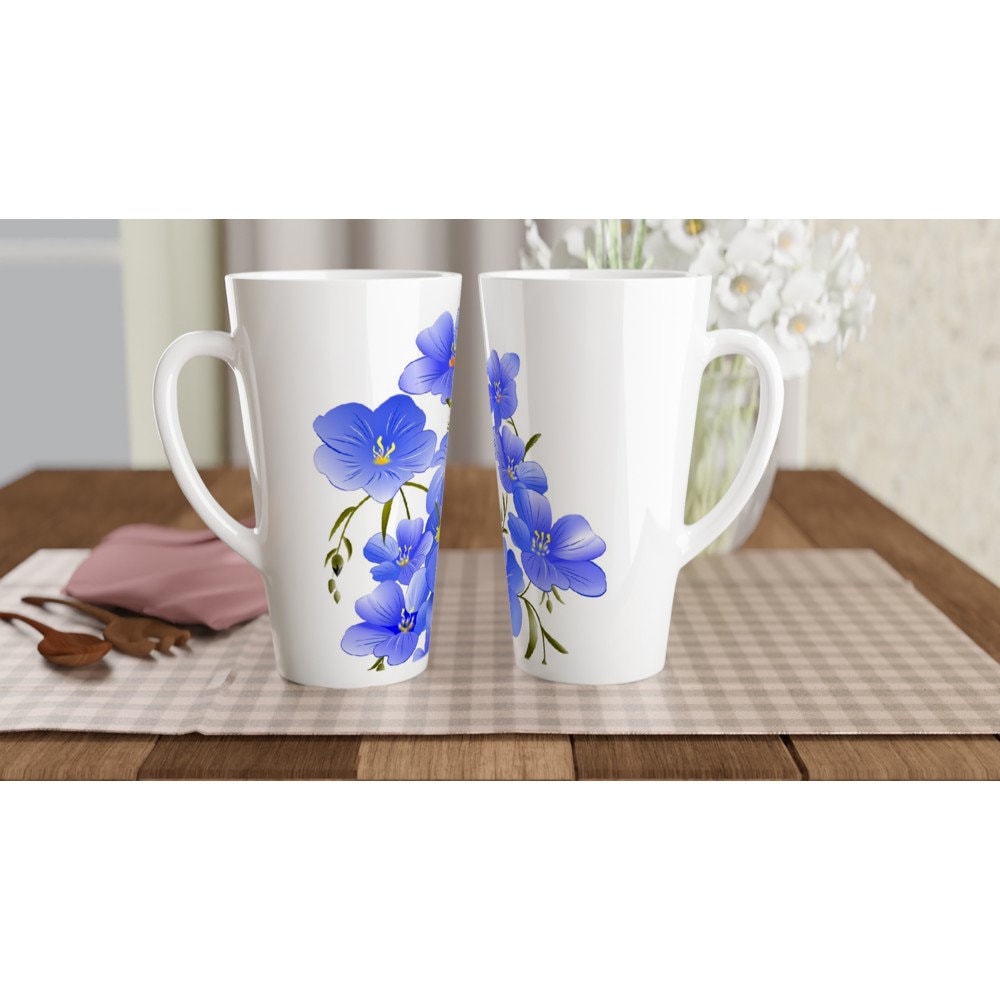 Beautiful Blue Floral Coffee Cup, Custom Tea Cup, White Latte 17oz ...