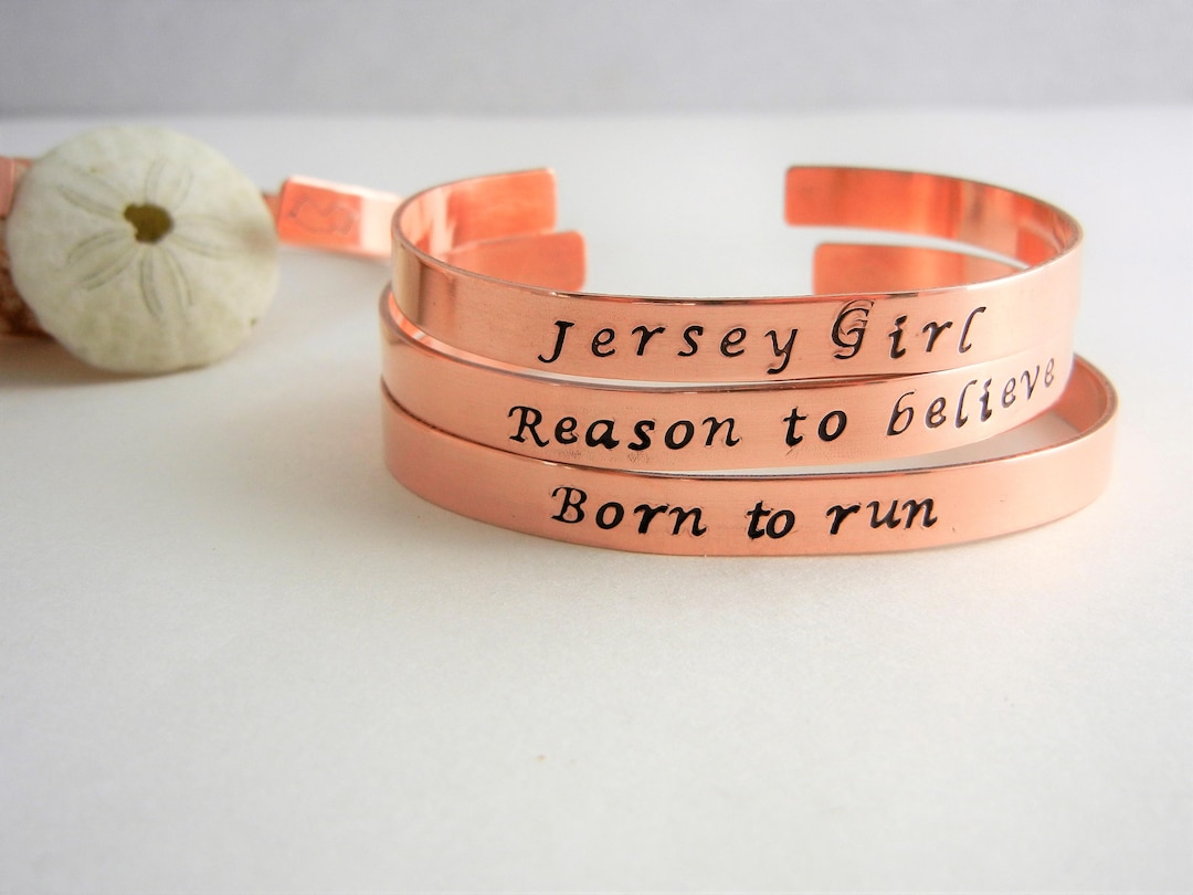 Custom Hand Stamped Copper Cuff Bracelet Jersey Girl, Reason to Believe ...