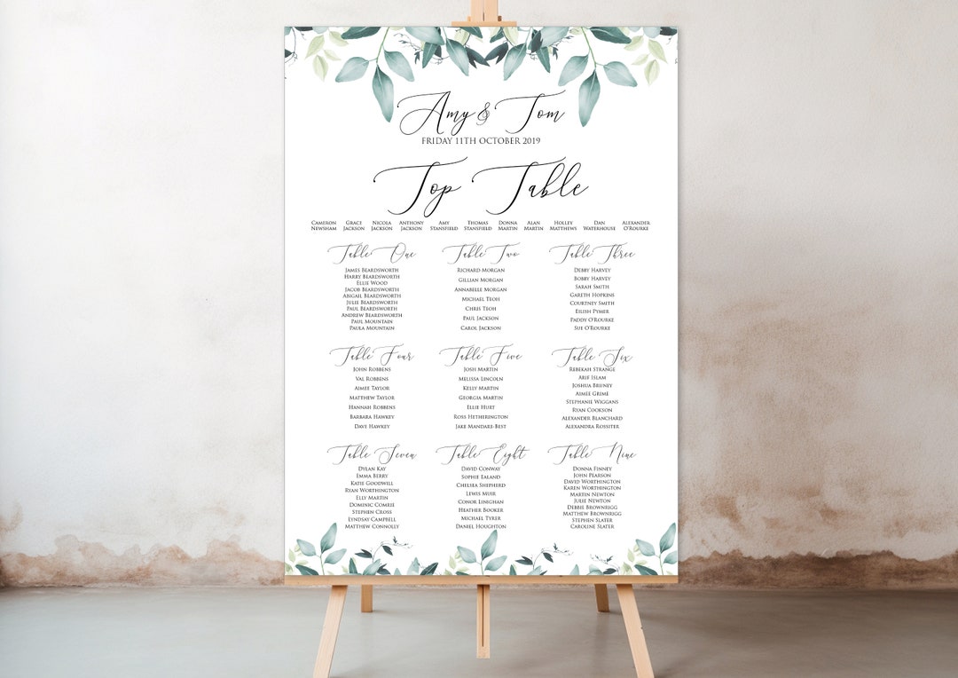 Eucalyptus Wedding Table Plan, Personalised Seating Plan, Modern Greenery Seating Sign, Wedding ...