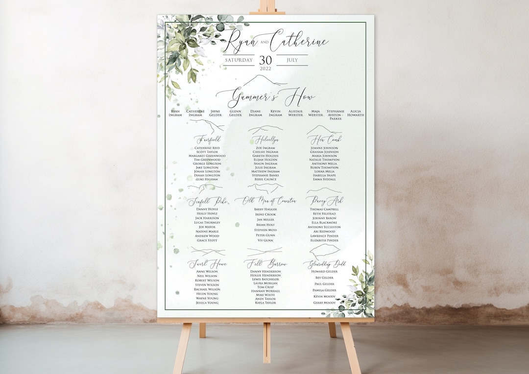 Lake District Theme Wedding Table Plan, Personalised Seating Plan, Calligraphy Seating Sign ...