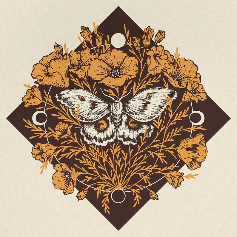 Polyphemus Moth Art Print: California Poppies, Moon Phases Giclee ...
