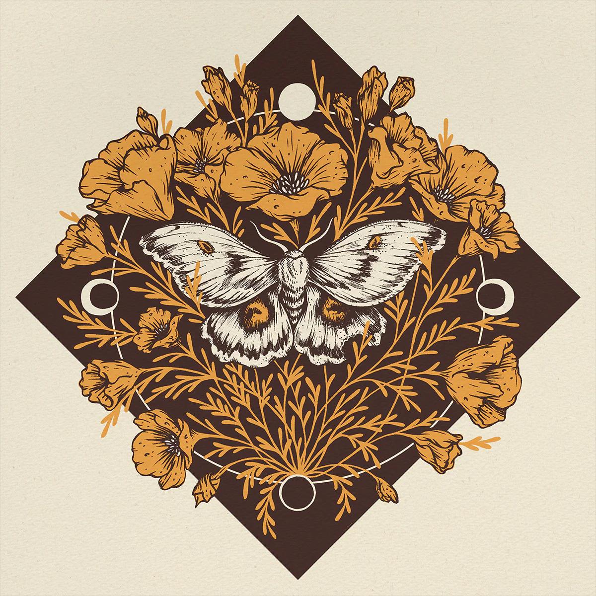 Polyphemus Moth Art Print: California Poppies, Moon Phases Giclee ...