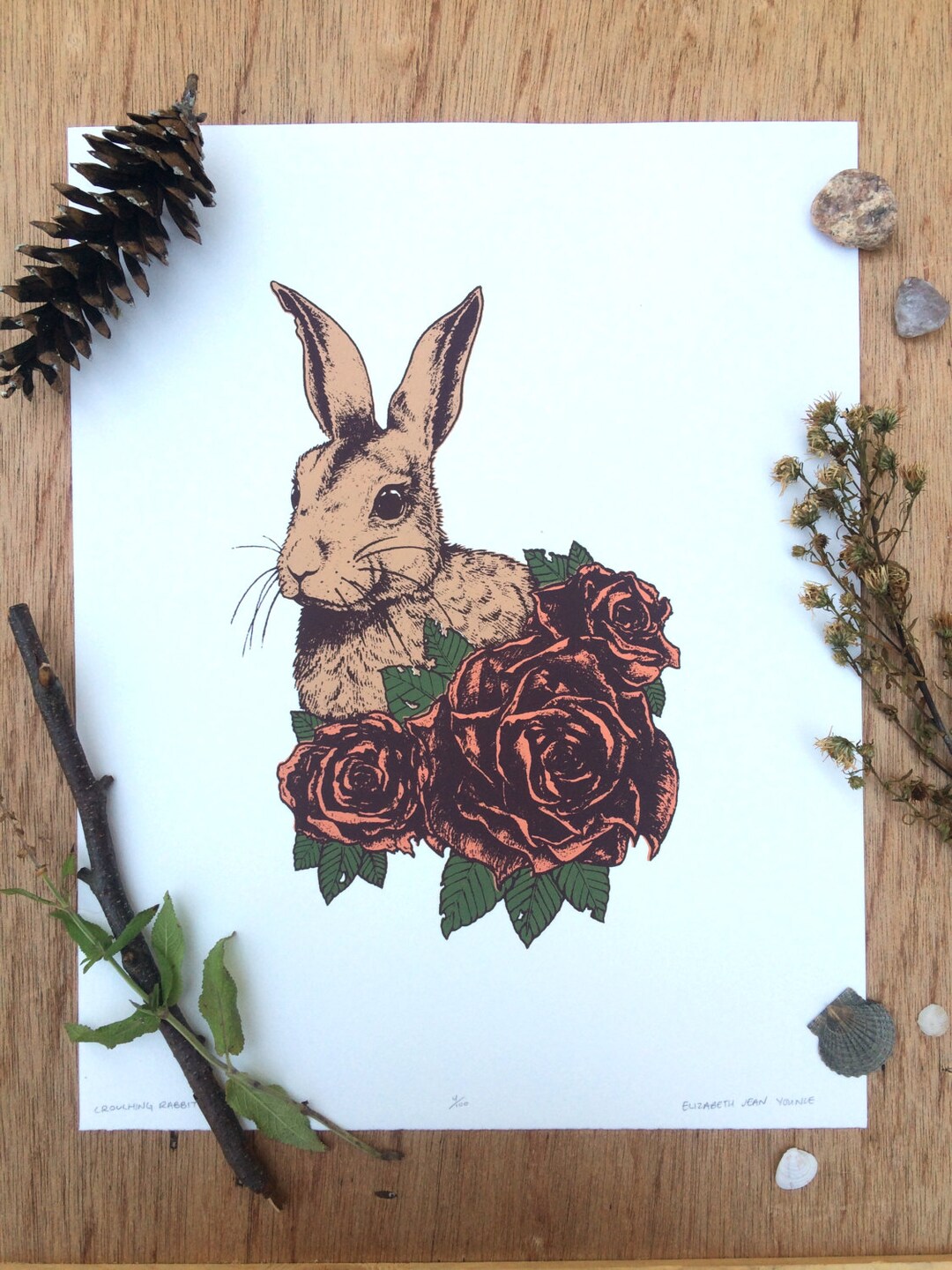 Rabbit in Roses Illustration Art Print, Floral Rabbit Print, Rose ...