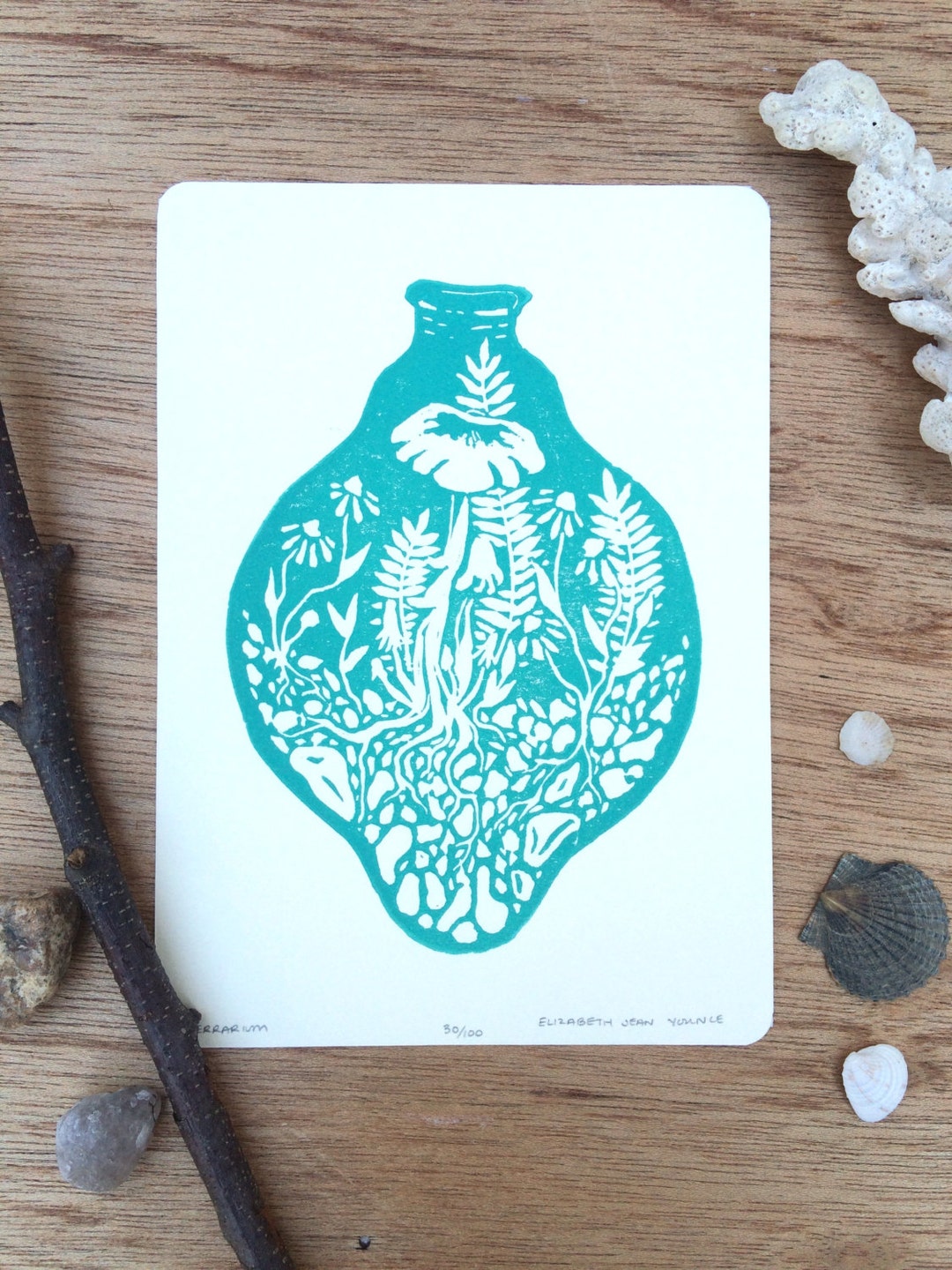 Terrarium Relief / Linoleum Block Print 5x7" With Rounded Corners - Etsy
