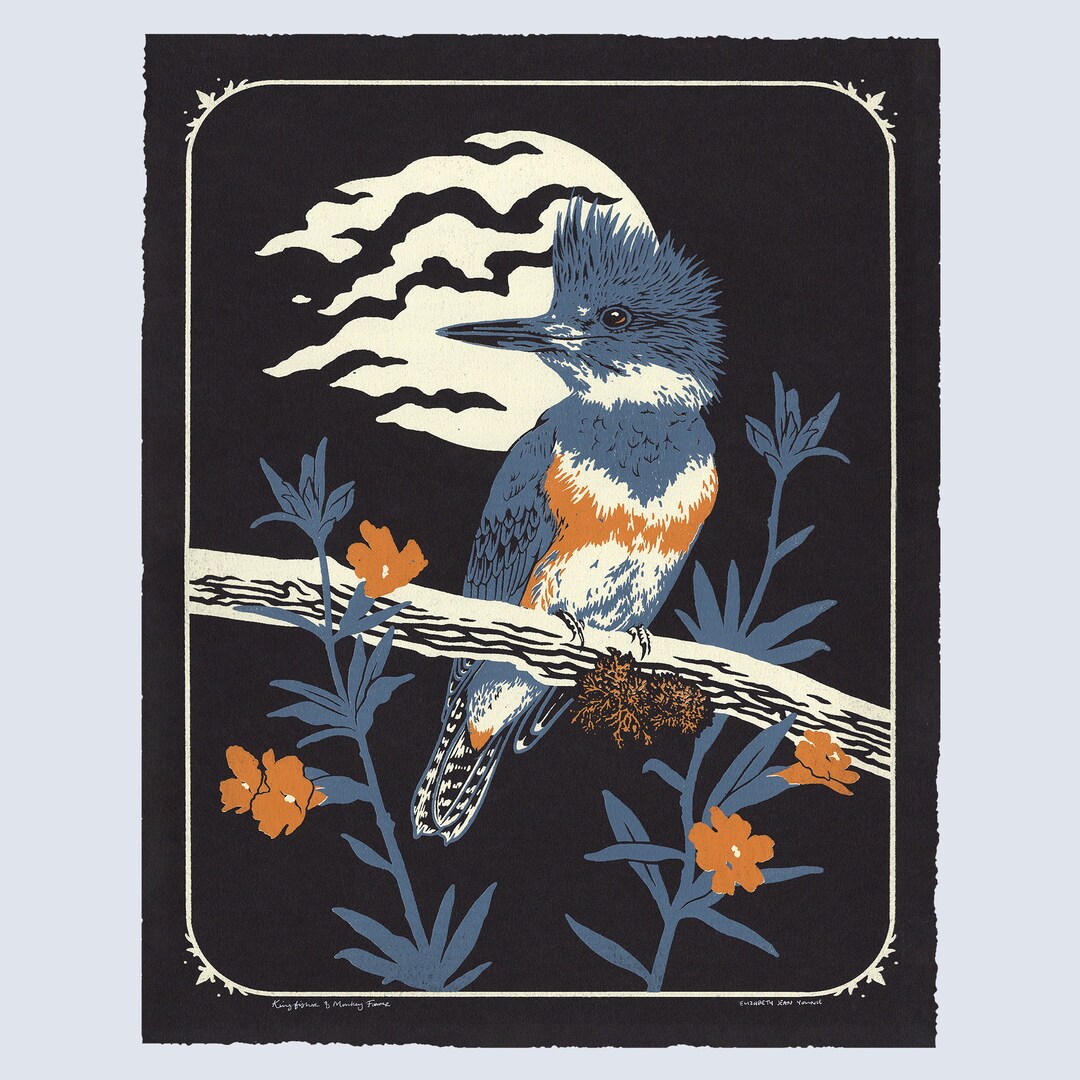 Kingfisher & Sticky Monkey Flower 11x14" Screenprint, Art Print on ...