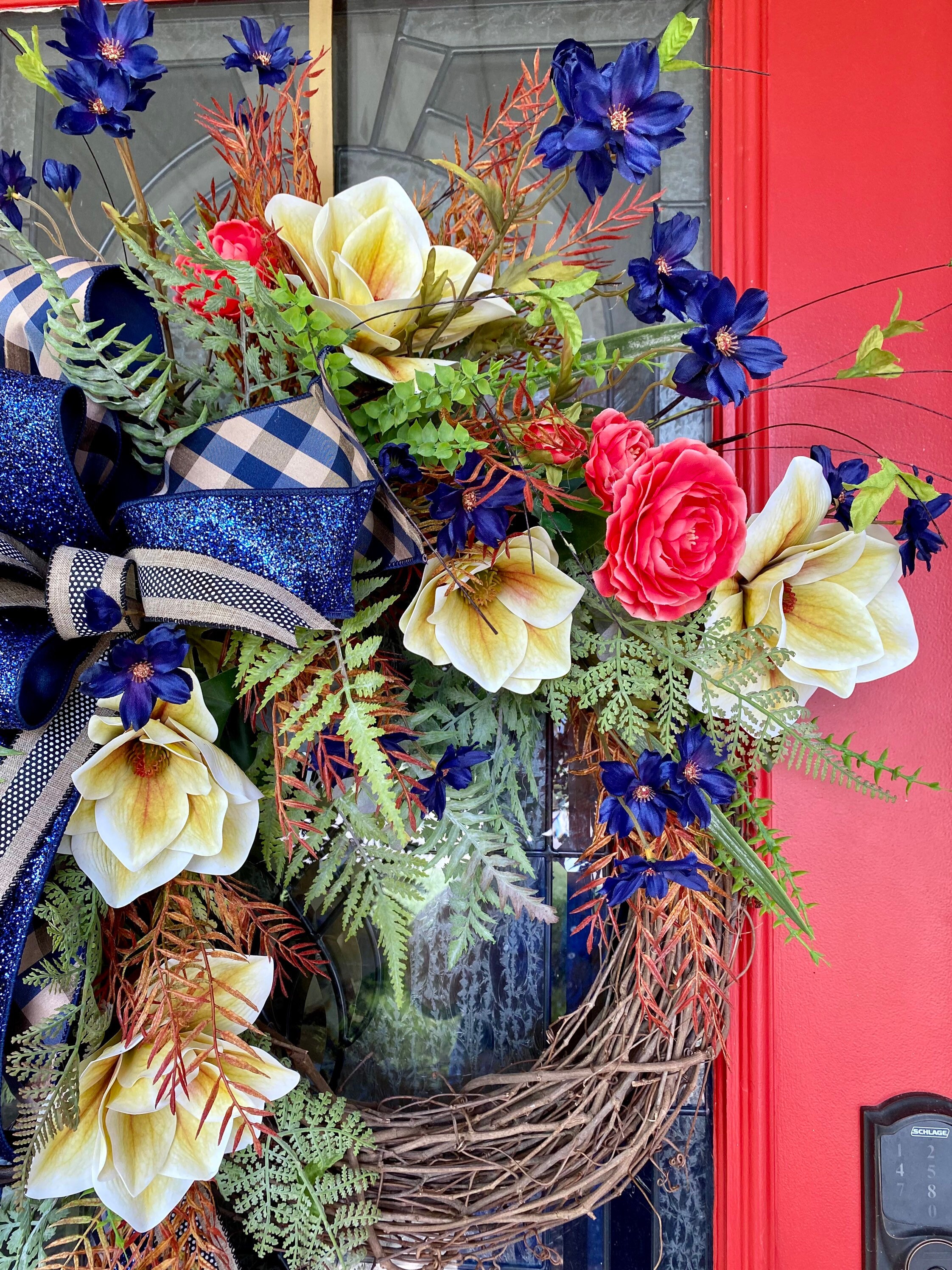 Magnolia Fall Wreath: Navy Blue Cosmos, Farmhouse Thanksgiving Decor - Etsy