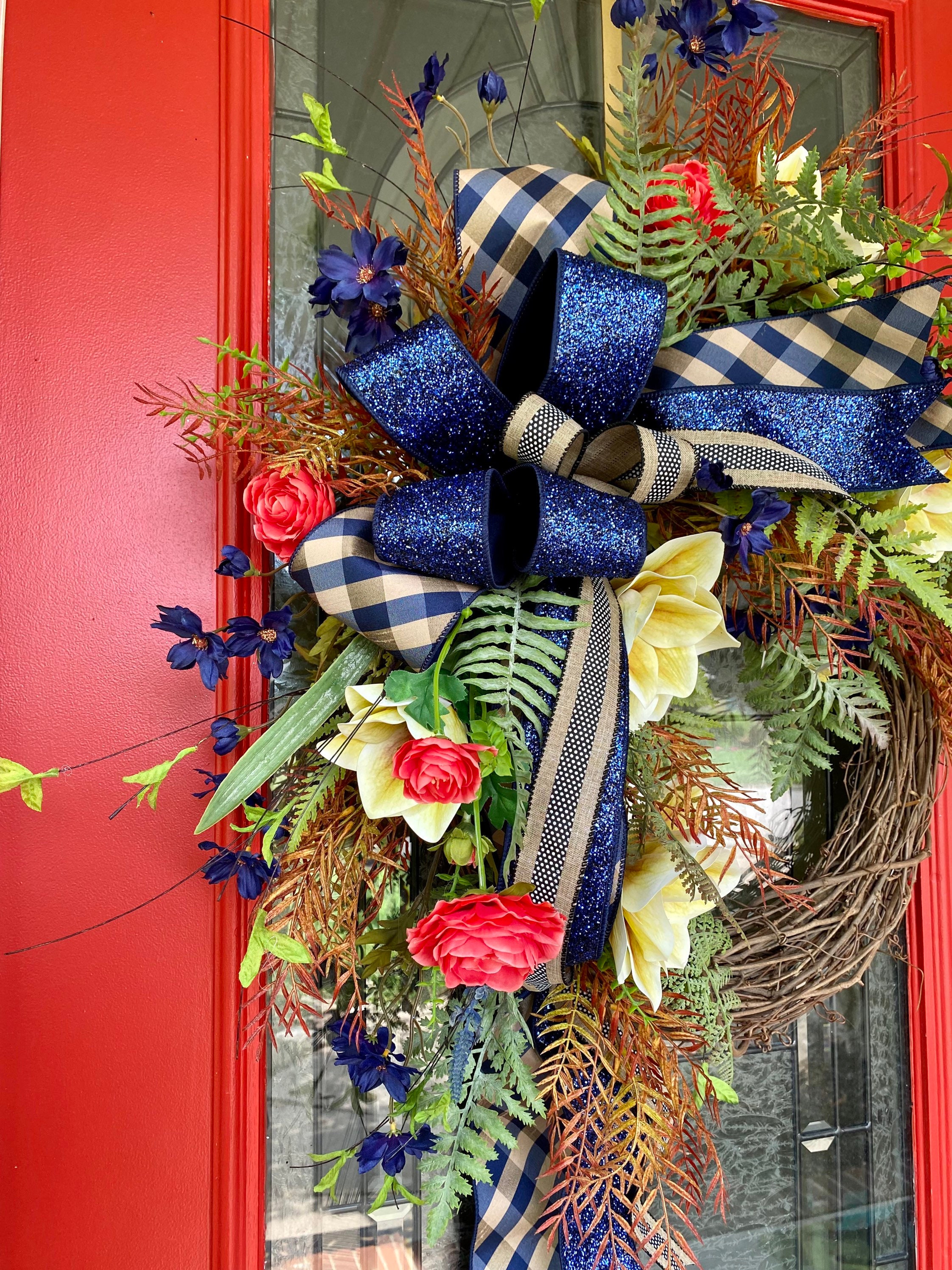 Magnolia Fall Wreath: Navy Blue Cosmos, Farmhouse Thanksgiving Decor - Etsy