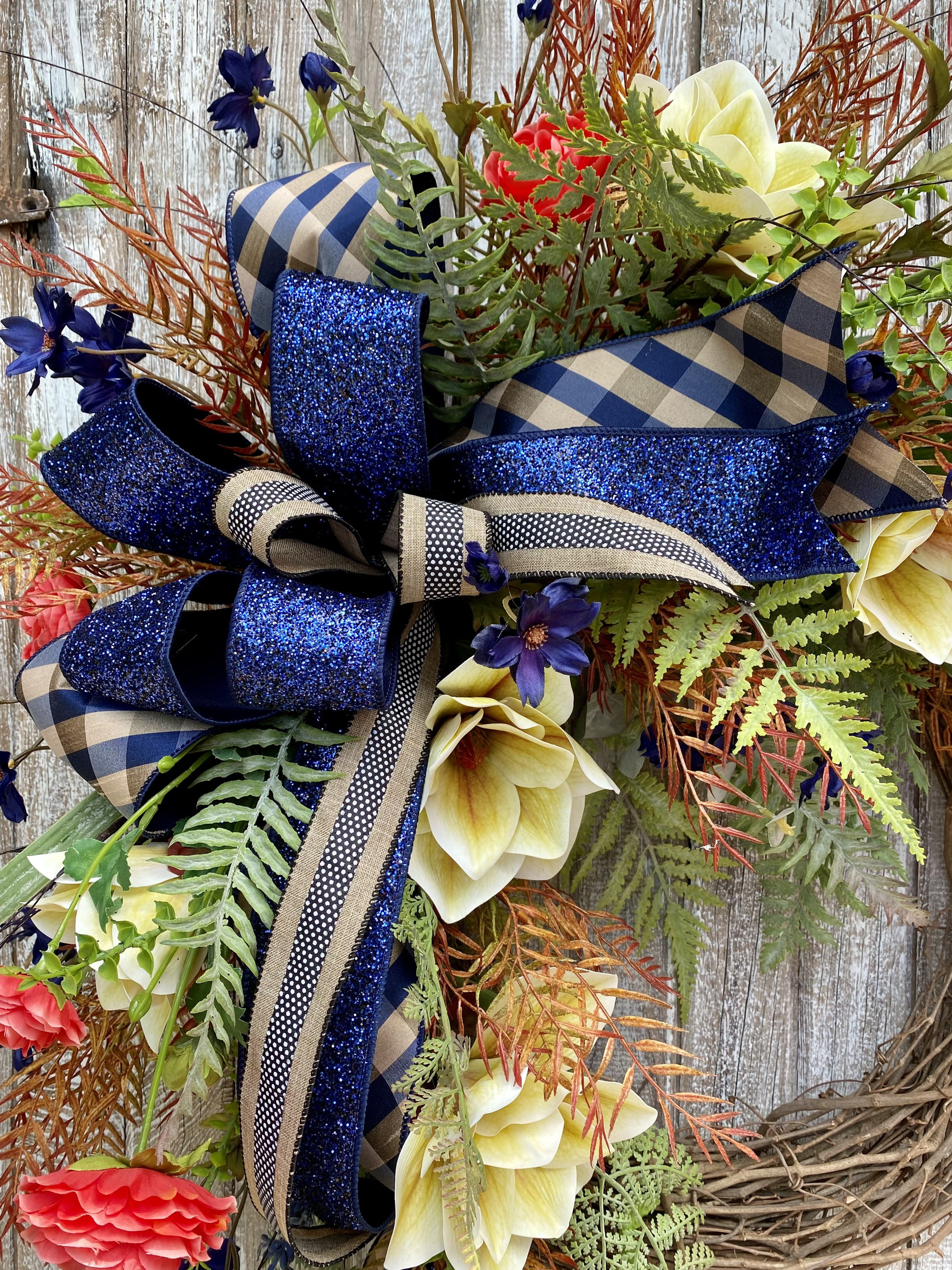Magnolia Fall Wreath: Navy Blue Cosmos, Farmhouse Thanksgiving Decor - Etsy