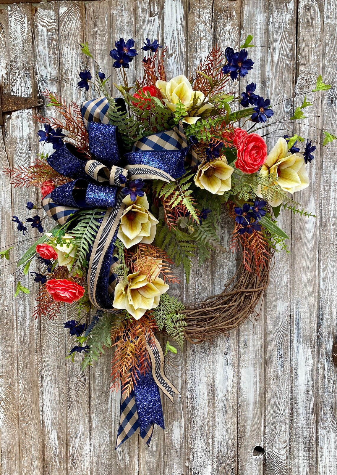 Magnolia Fall Wreath: Navy Blue Cosmos, Farmhouse Thanksgiving Decor - Etsy