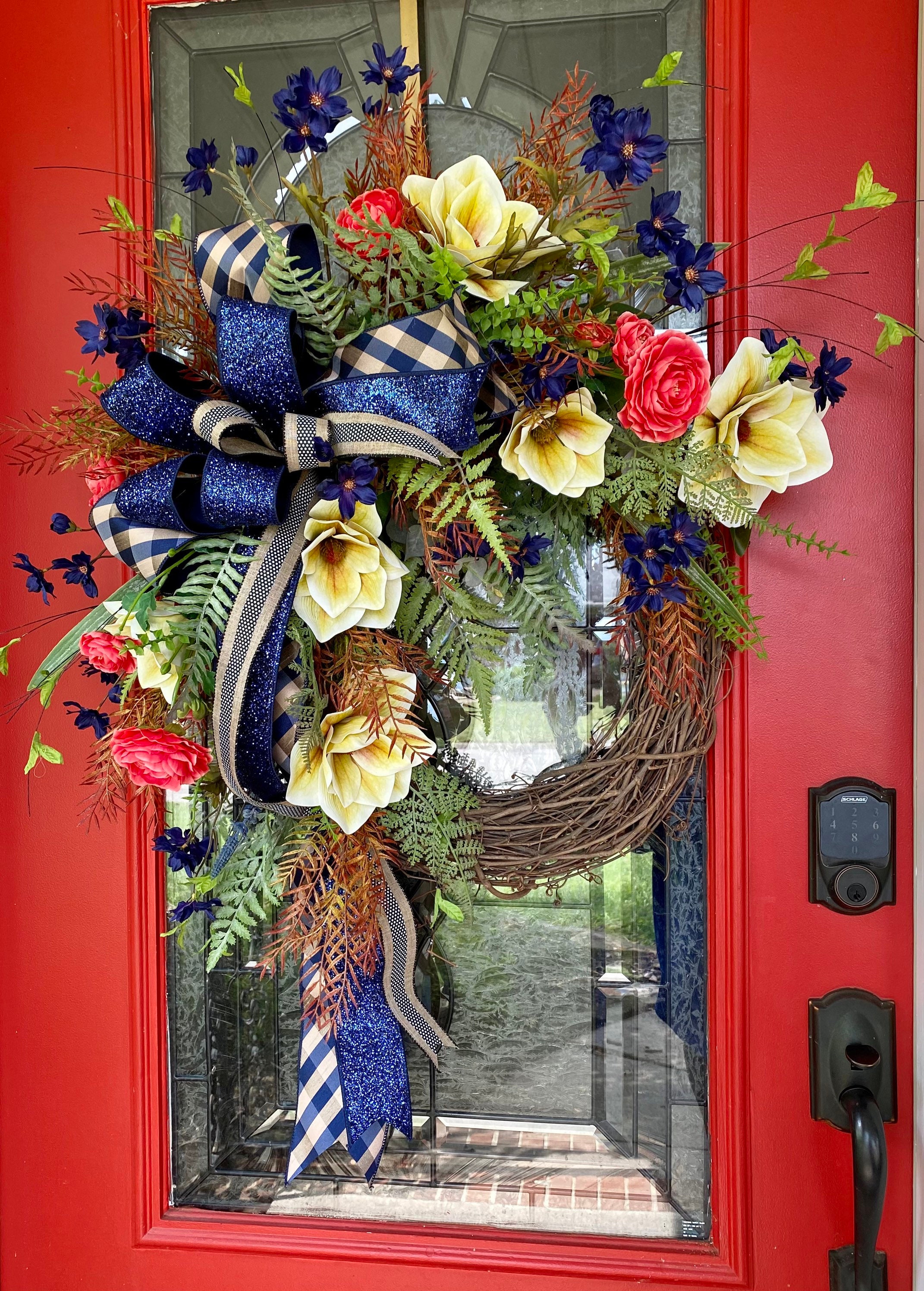 Magnolia Fall Wreath: Navy Blue Cosmos, Farmhouse Thanksgiving Decor - Etsy