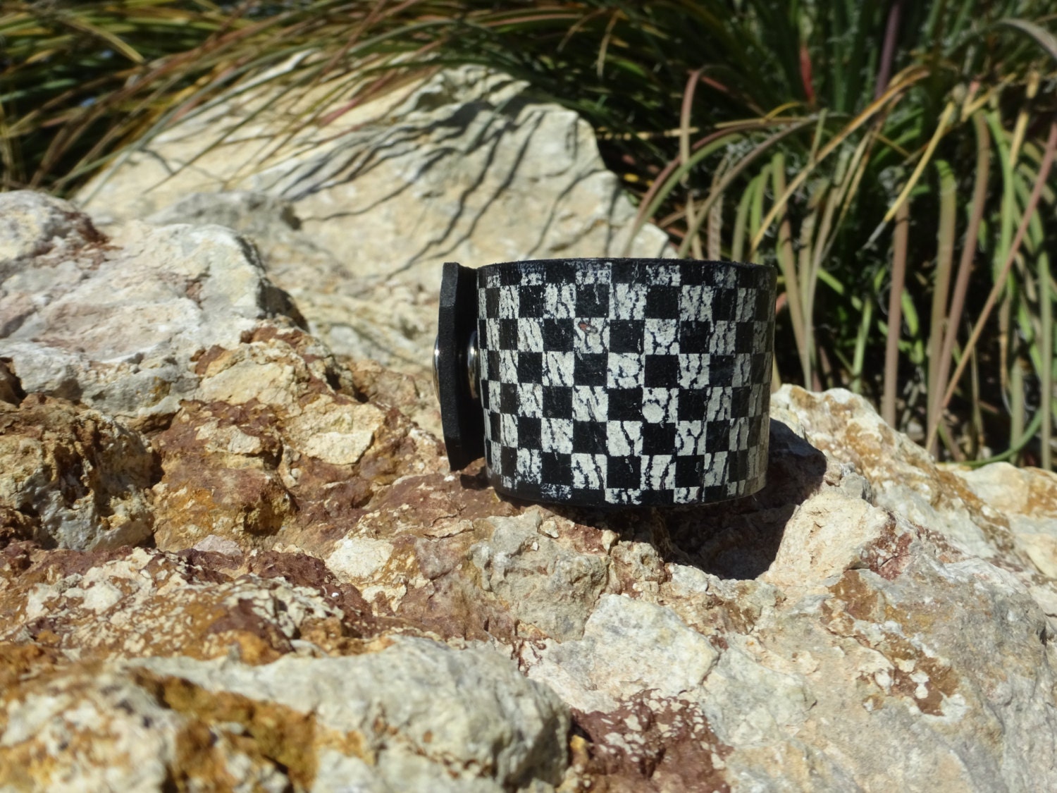 Black & White Leather Cuff/checkered Bracelet/upcycled Bracelet/womans ...