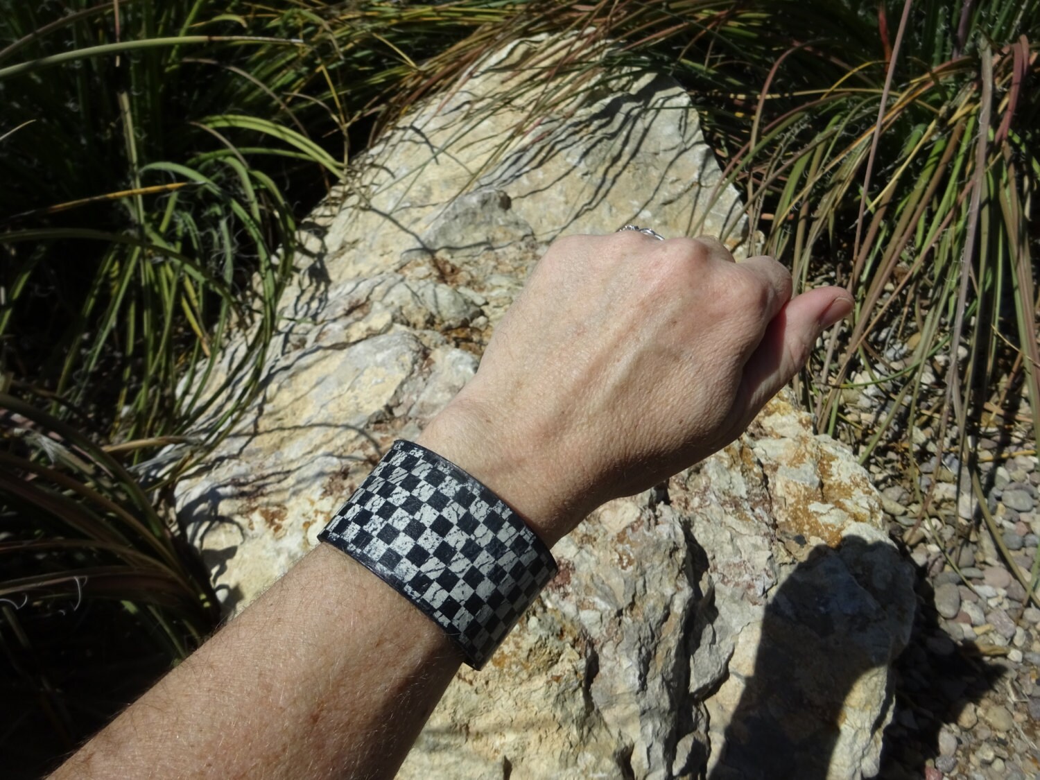 Black & White Leather Cuff/checkered Bracelet/upcycled Bracelet/womans ...