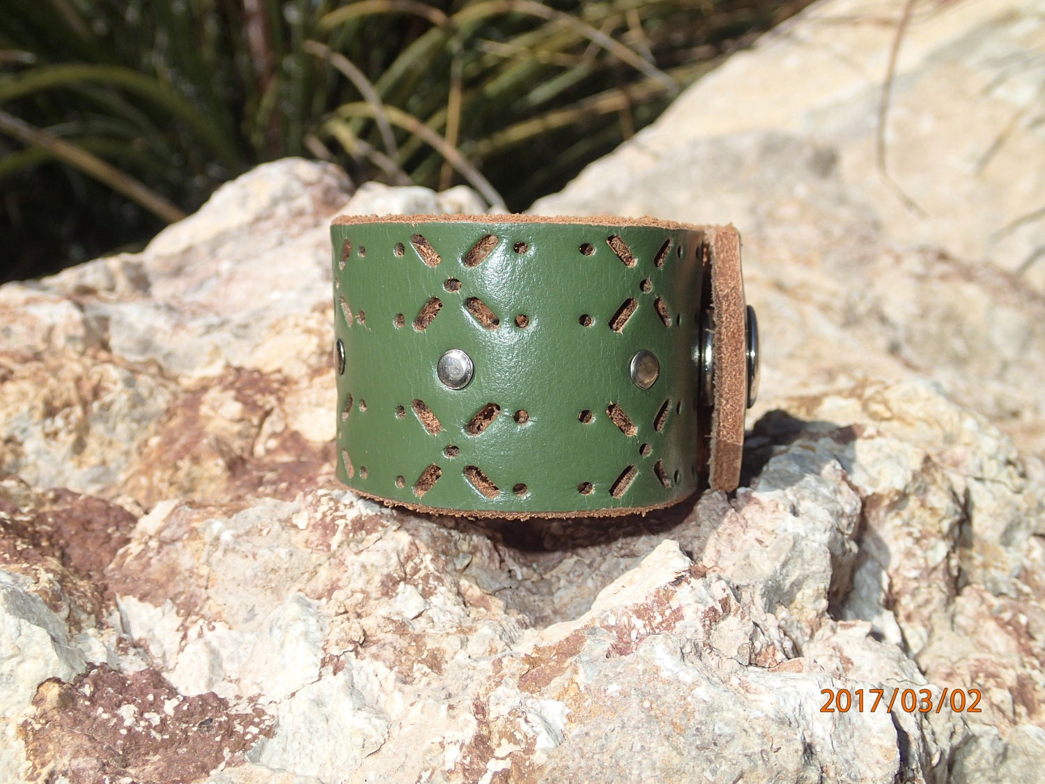 Green Punched Cuff/green Leather Cuff/womans Leather Cuff - Etsy