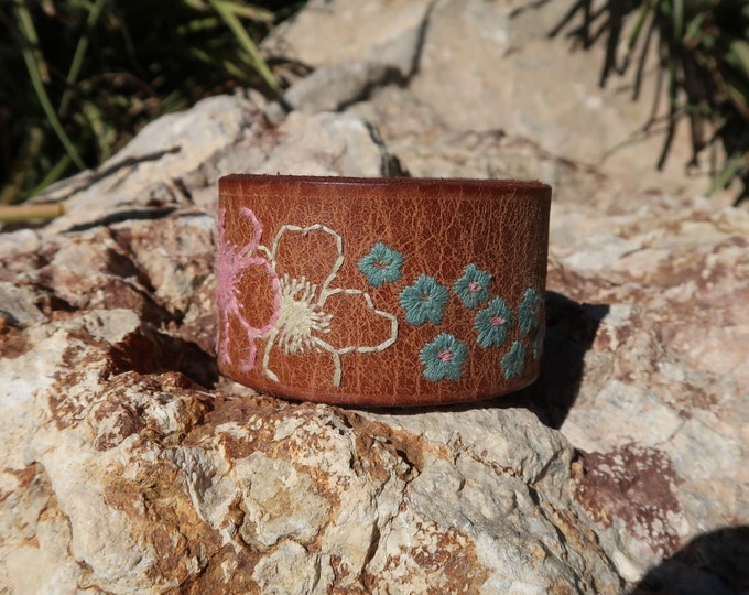 Embroidered Flower Cuff/upcycled Leather Cuff/bracelet/leather Cuff ...
