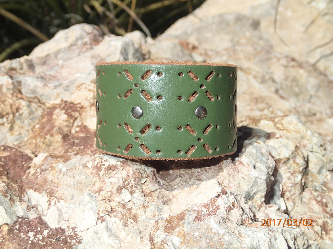 Green Punched Cuff/green Leather Cuff/womans Leather Cuff - Etsy