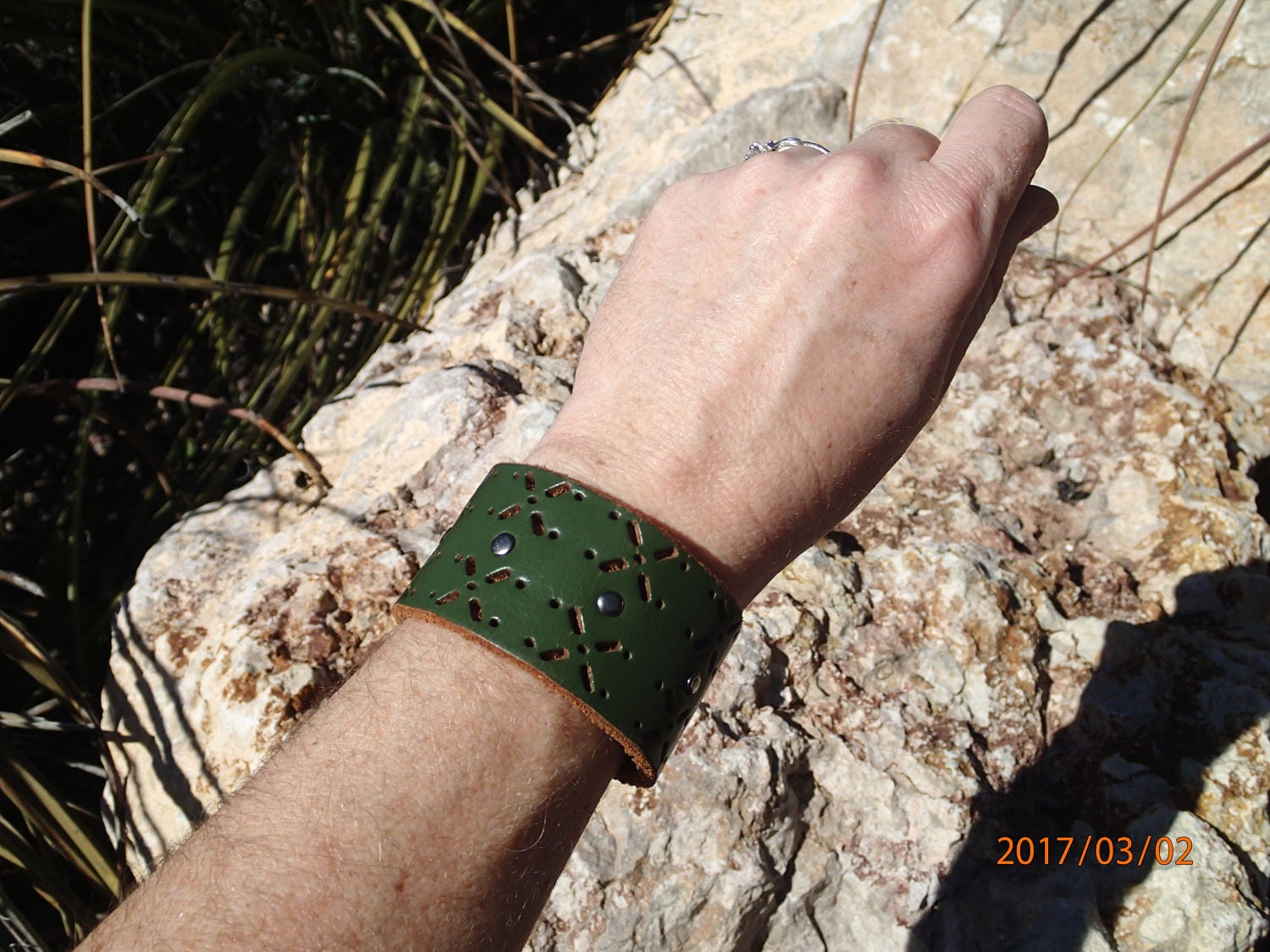 Green Punched Cuff/green Leather Cuff/womans Leather Cuff - Etsy