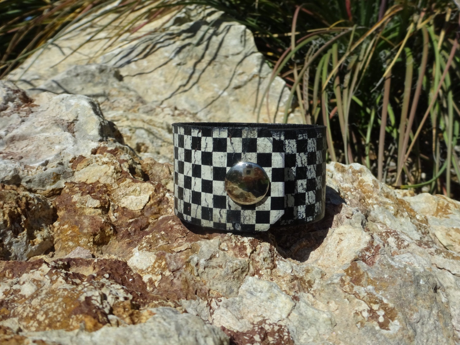 Black & White Leather Cuff/checkered Bracelet/upcycled Bracelet/womans ...